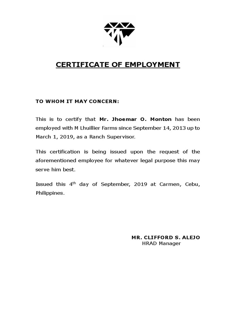 Certificate of Employment: To Whom It May Concern | PDF