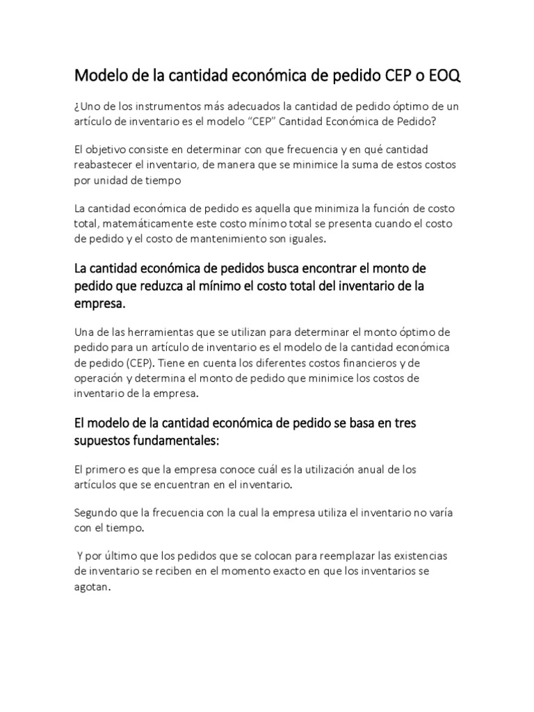 Modelo de la cantidad económica de pedido CEP o EOQ | Inventario ...