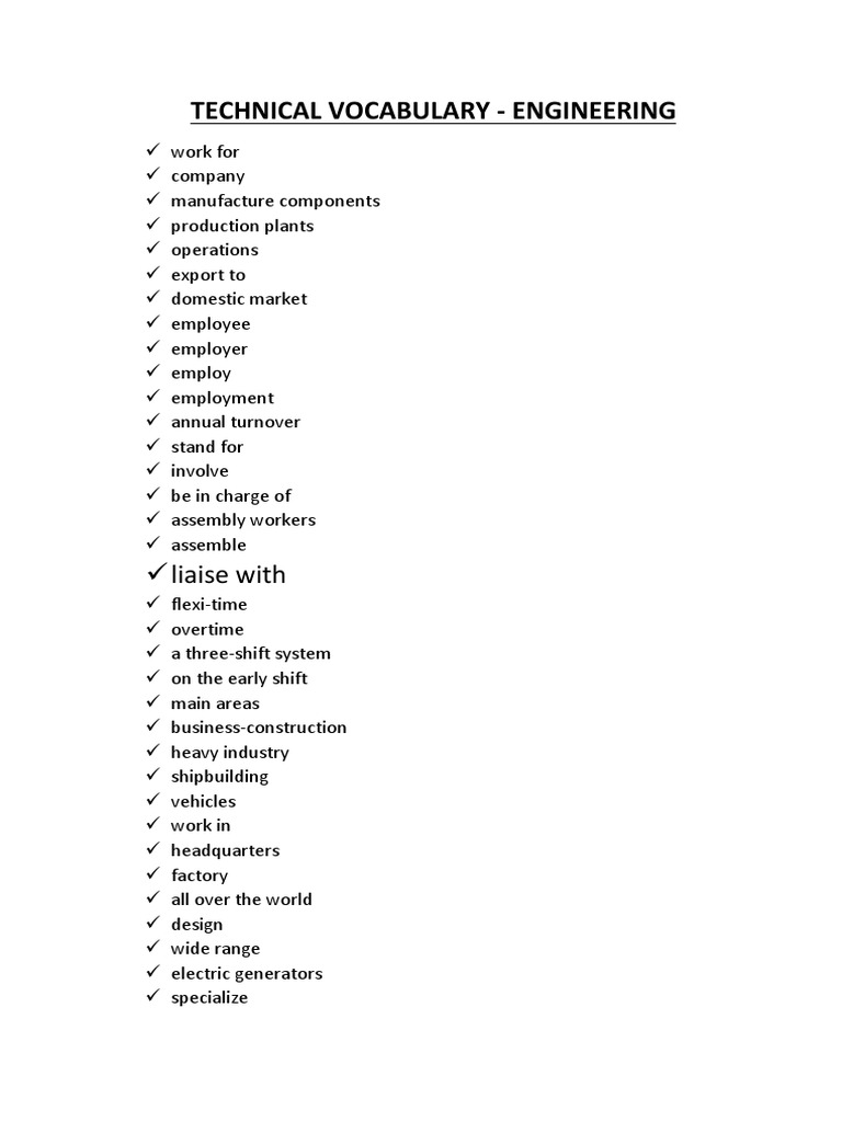 Technical Vocabulary - Engineering: Liaise With | PDF | Truck | Factory
