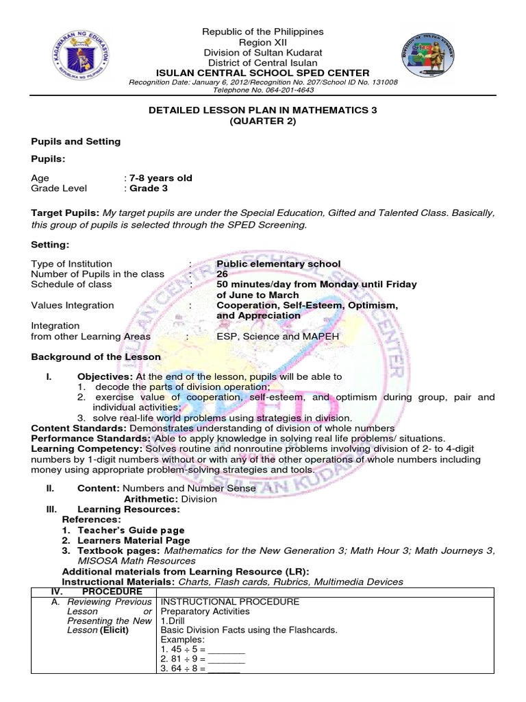 Detailed Lesson Plan in Mathematics 3 (Quarter 2): Solving Routine and ...