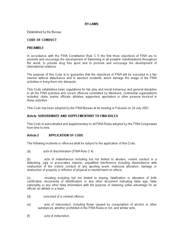 FINA Code of Conduct | PDF | Swimming (Sport) | Fifa World Cup