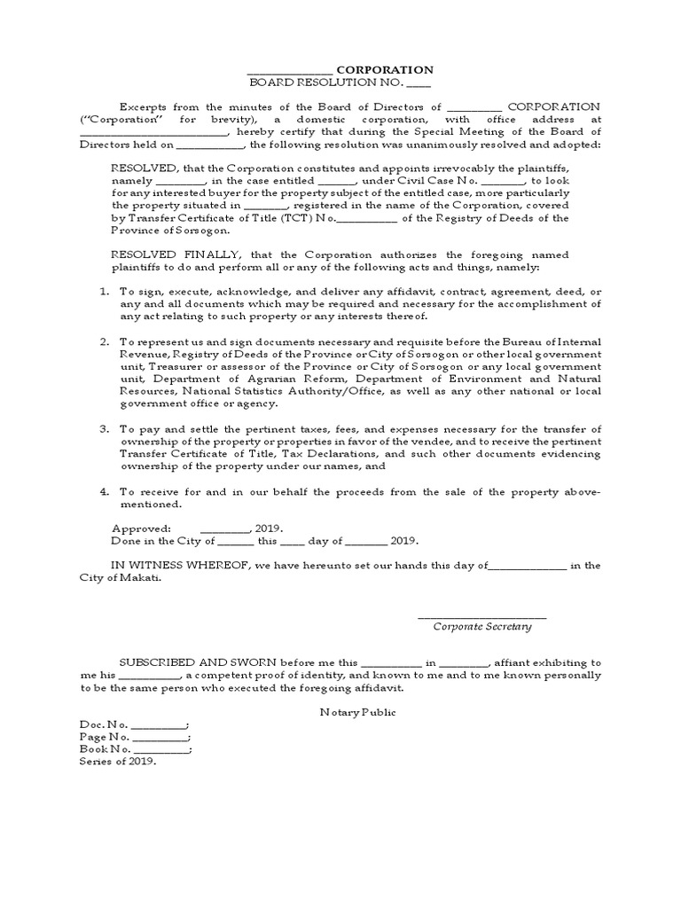Sample Board Resolution | PDF | Affidavit | Board Of Directors