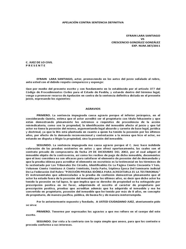 Apelación Sentencia Juicio Reivindicatorio | PDF | Posesión (Ley) | Sentencia (ley)