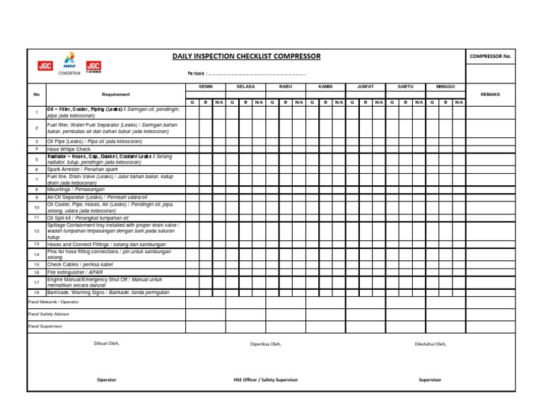 Checklist Inspeksi Harian Kompresor | PDF