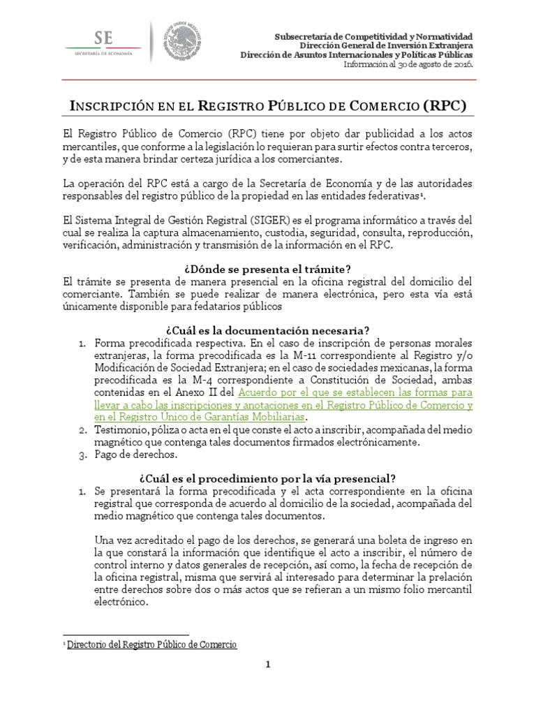 Inscripci N en El Registro P Blico de Comercio RPC PDF | PDF | Sociedad de responsabilidad ...
