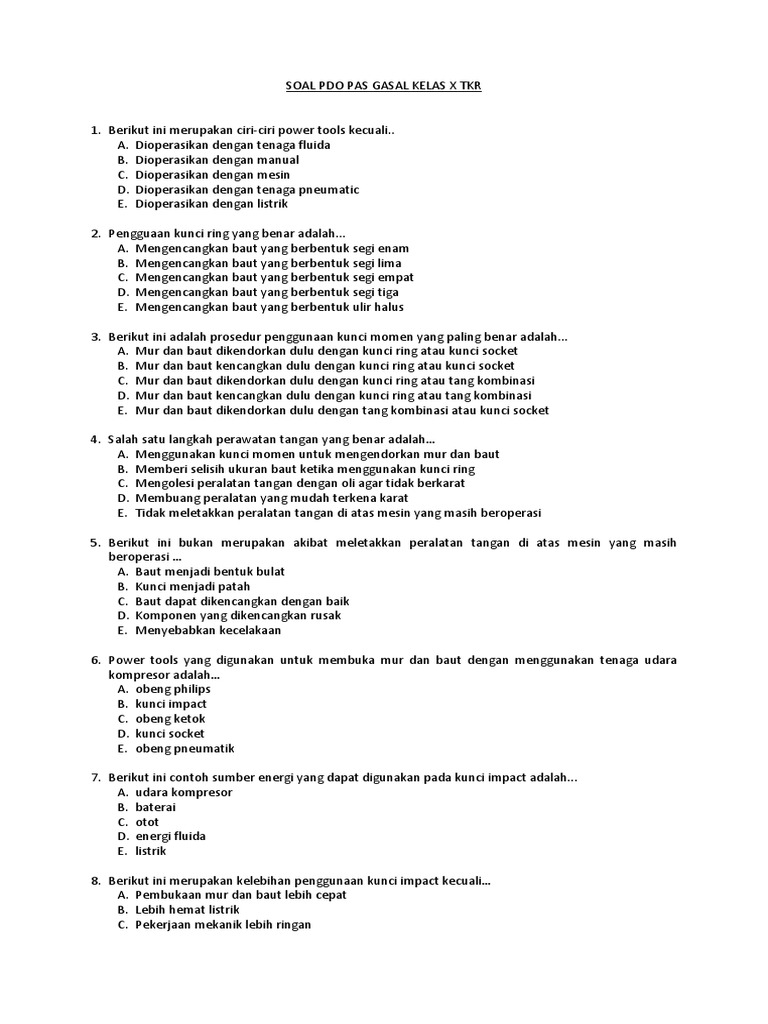 Soal Pdo Pas Gasal Kelas X TKR (Ari TW) | PDF