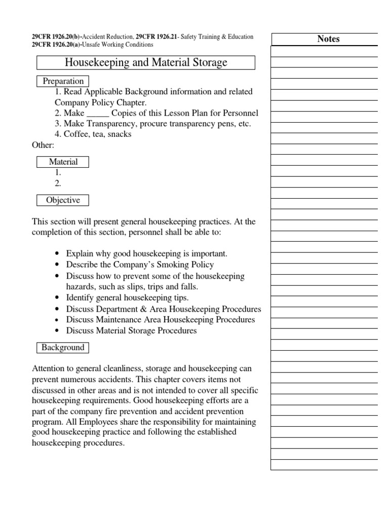 Housekeeping and Material Storage: Notes | PDF | Housekeeping ...