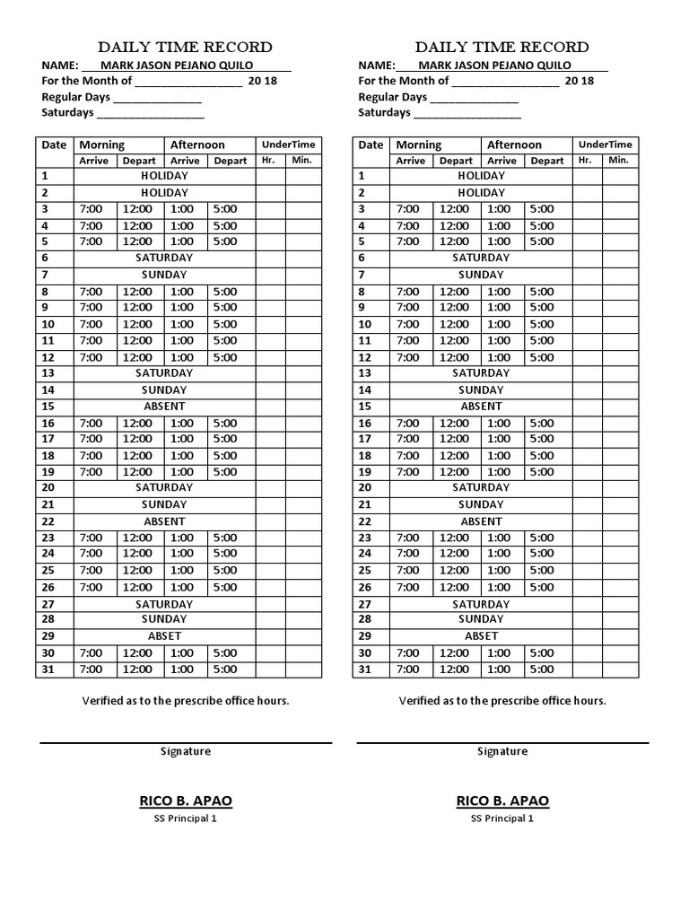Daily Time Record Daily Time Record: Undertime Arrive Depart Arrive ...