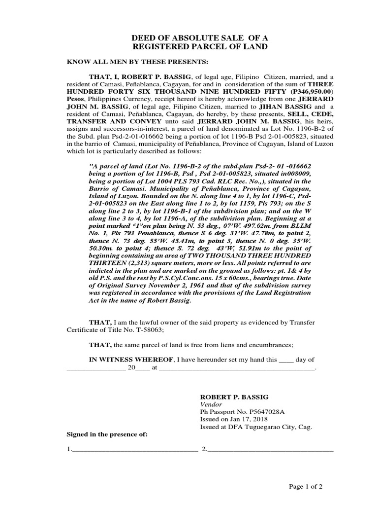 Deed of Absolute Sale for Land in Cagayan | PDF | Civil Law (Common Law ...