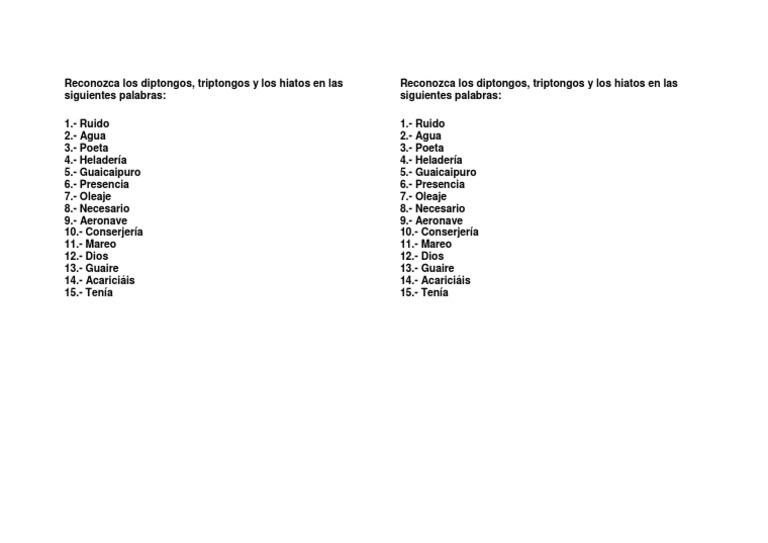 Diptongos, triptongos y hiatos en palabras | PDF