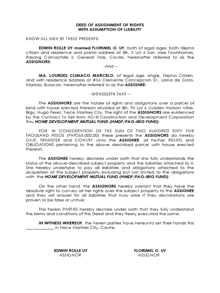 Deed of Assignment for the Transfer of Rights and Assumption of ...