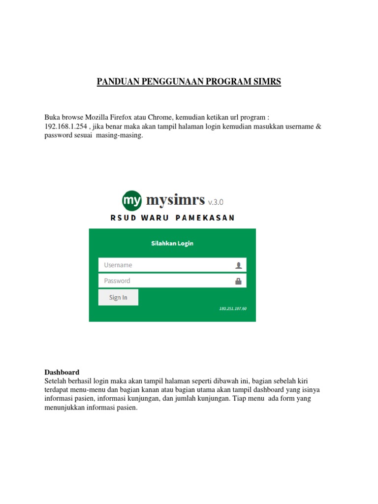 Panduan Penggunaan Dashboard SIMRS | PDF