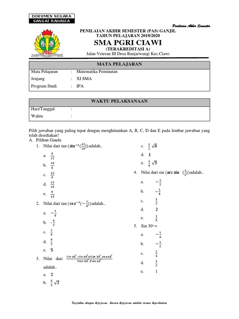 Naskah Soal PAS MTKP XI | PDF