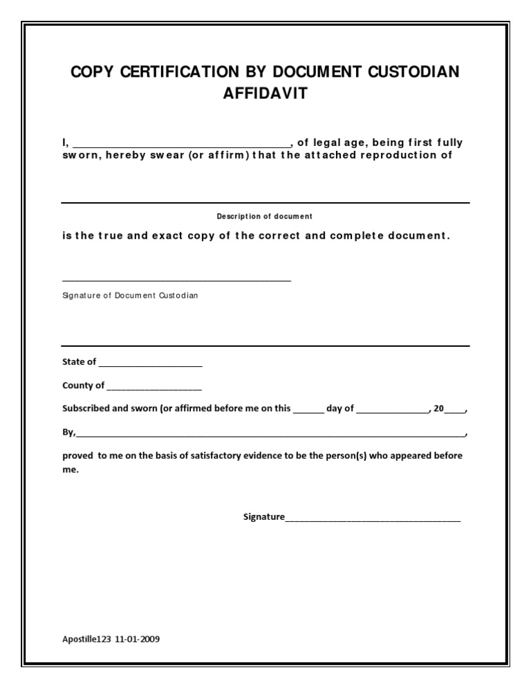 Copy Certification by Document Custodian Affidavit | PDF