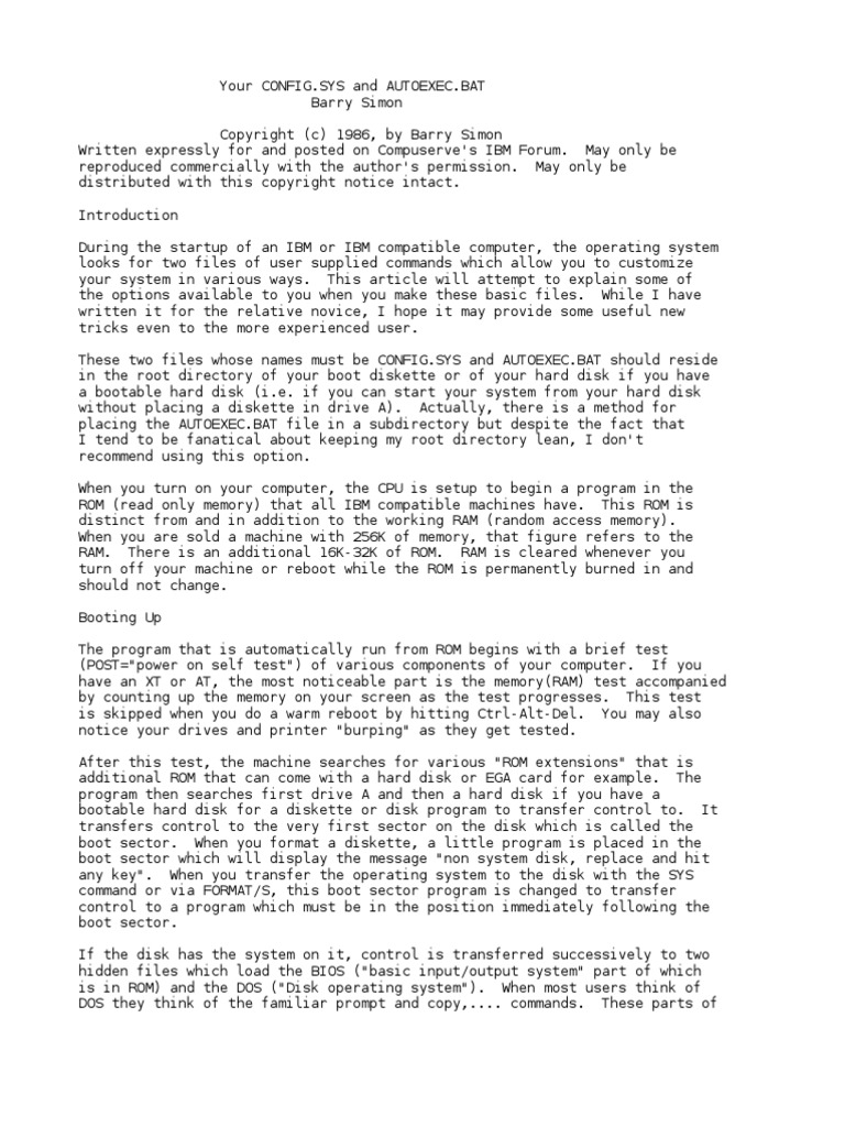 Your CONFIG - SYS and AUTOEXEC - BAT by Barry Simon | PDF | Dos | Booting