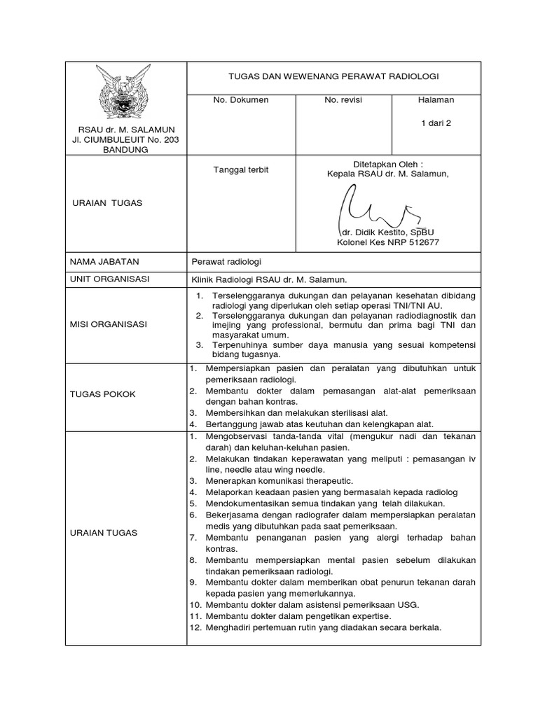 Uraian Tugas Perawat Radiologi | PDF