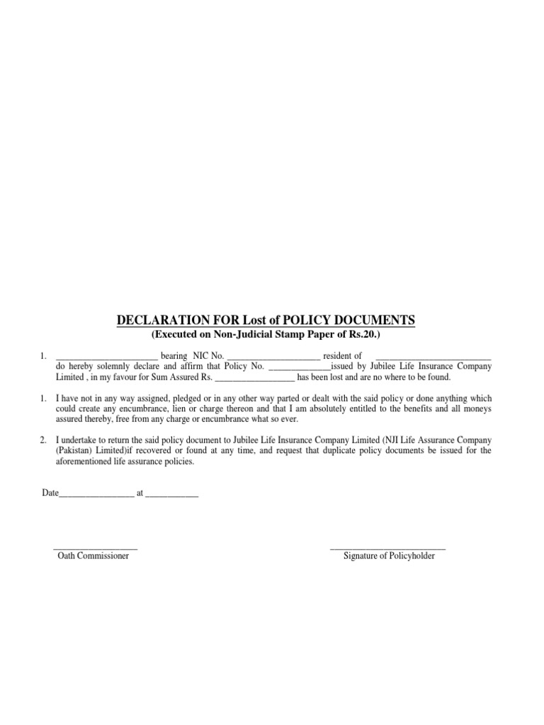 Declaration for Lost Policy Document | PDF