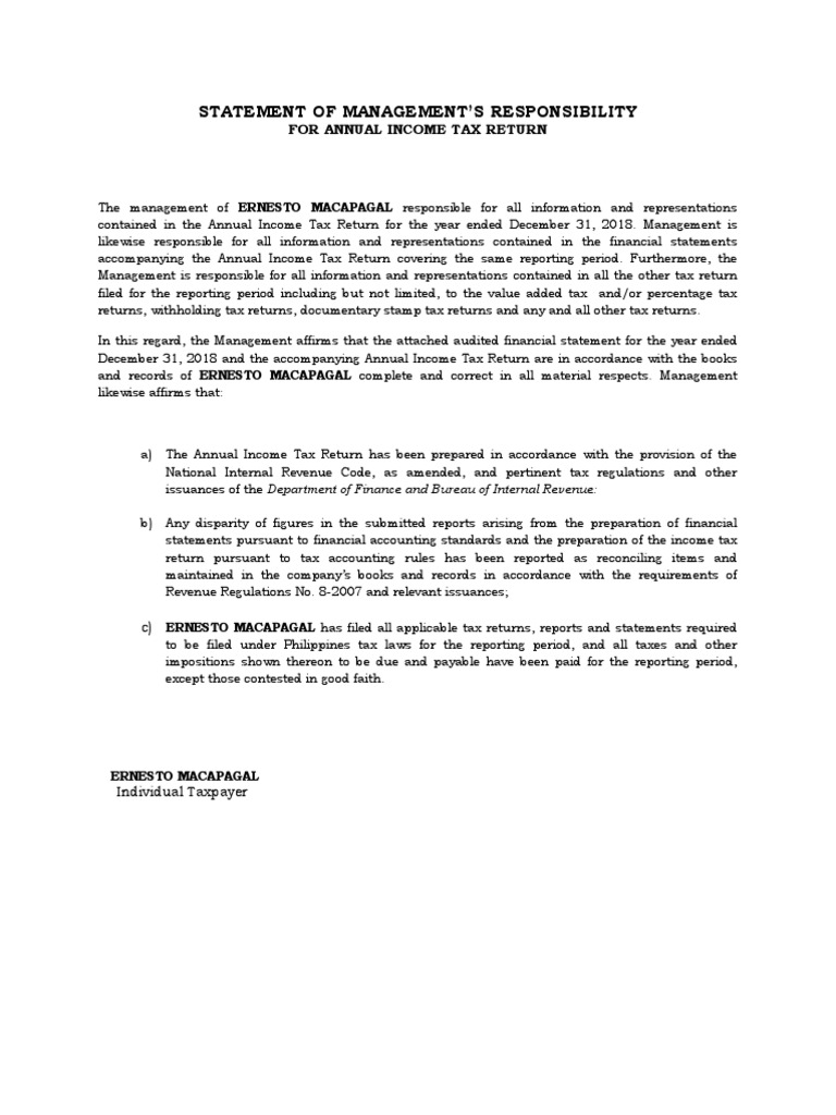 Certification Statement of Management's Responsibility (Itr) | PDF