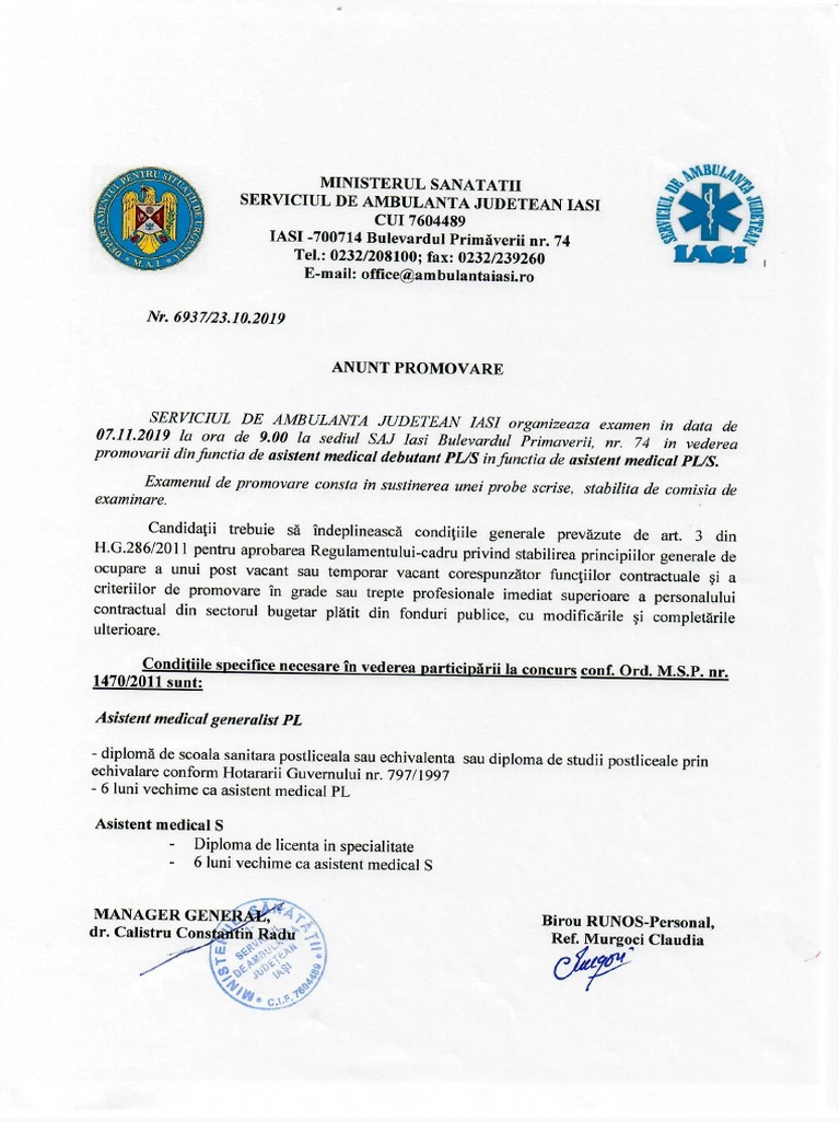 Anunt Examen Promovare Asistent Medical Debutant | PDF