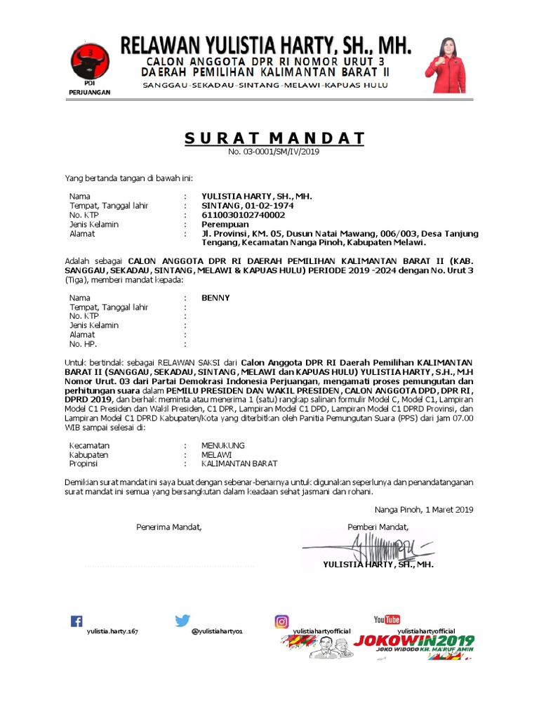 SURAT MANDAT PDIP Yulistia Harty PPK BENNY | PDF