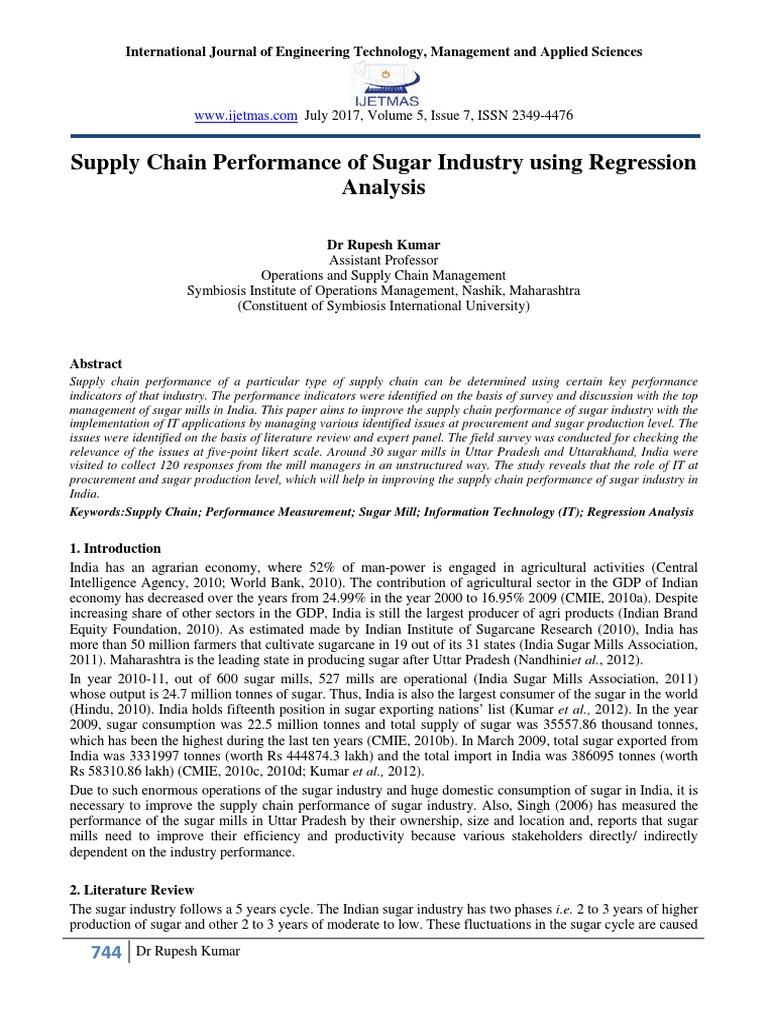 Supply Chain Performance of Sugar Industry Using Regression Analysis | PDF | Sugarcane | Survey ...