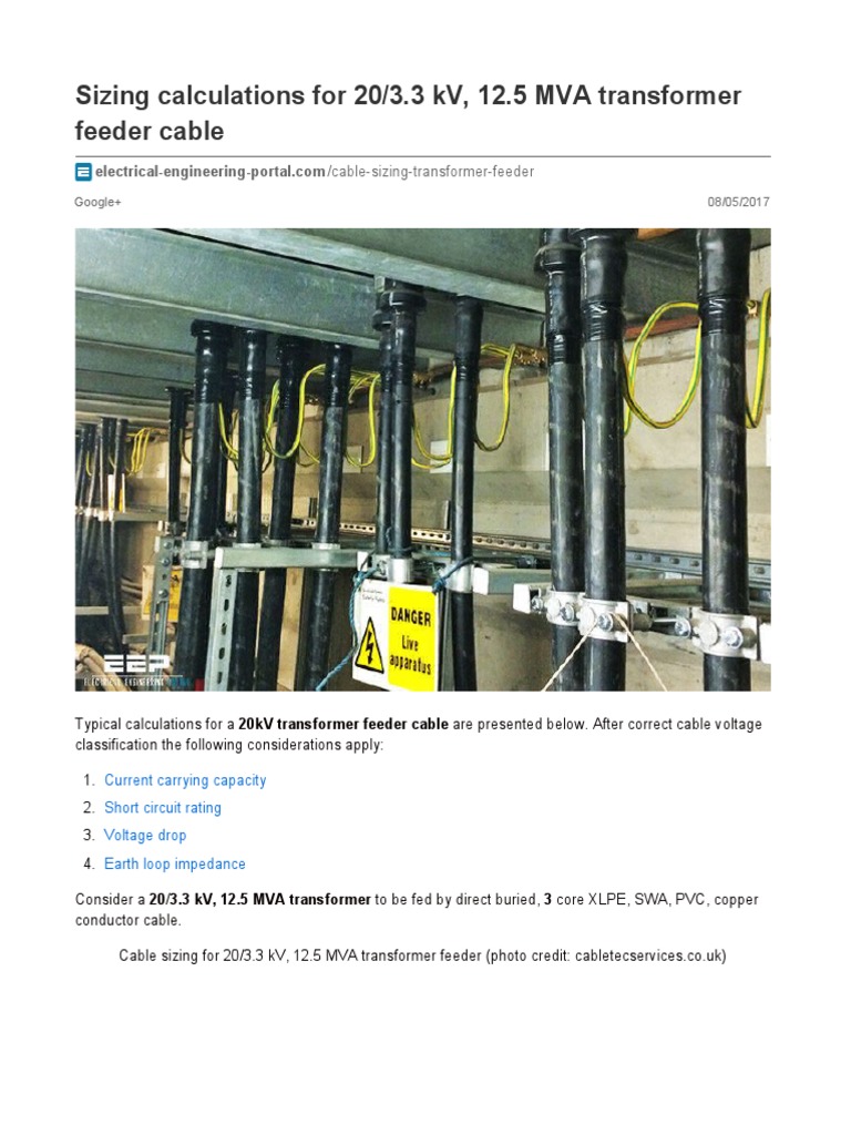 Sizing Calculations For 20/3.3 KV, 12.5 MVA Transformer Feeder Cable ...
