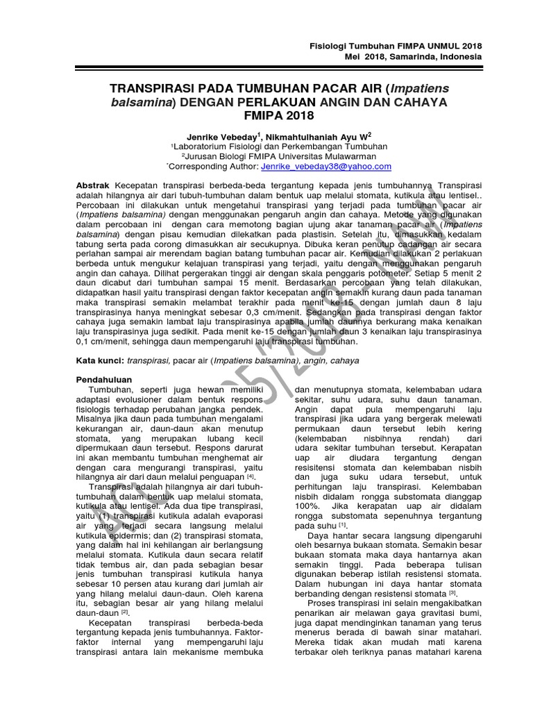 ACC Jurnal Fistum 8 TRANSPIRASI PADA TUMBUHAN PACAR AIR | PDF