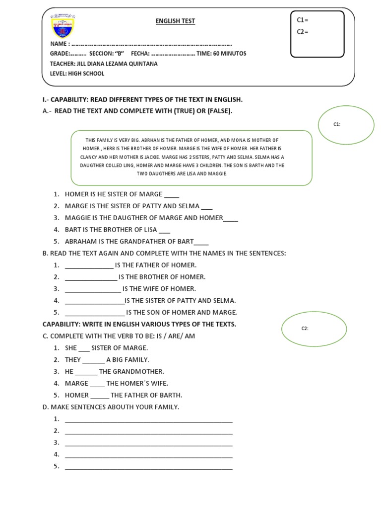 Family Relationships English Test | PDF