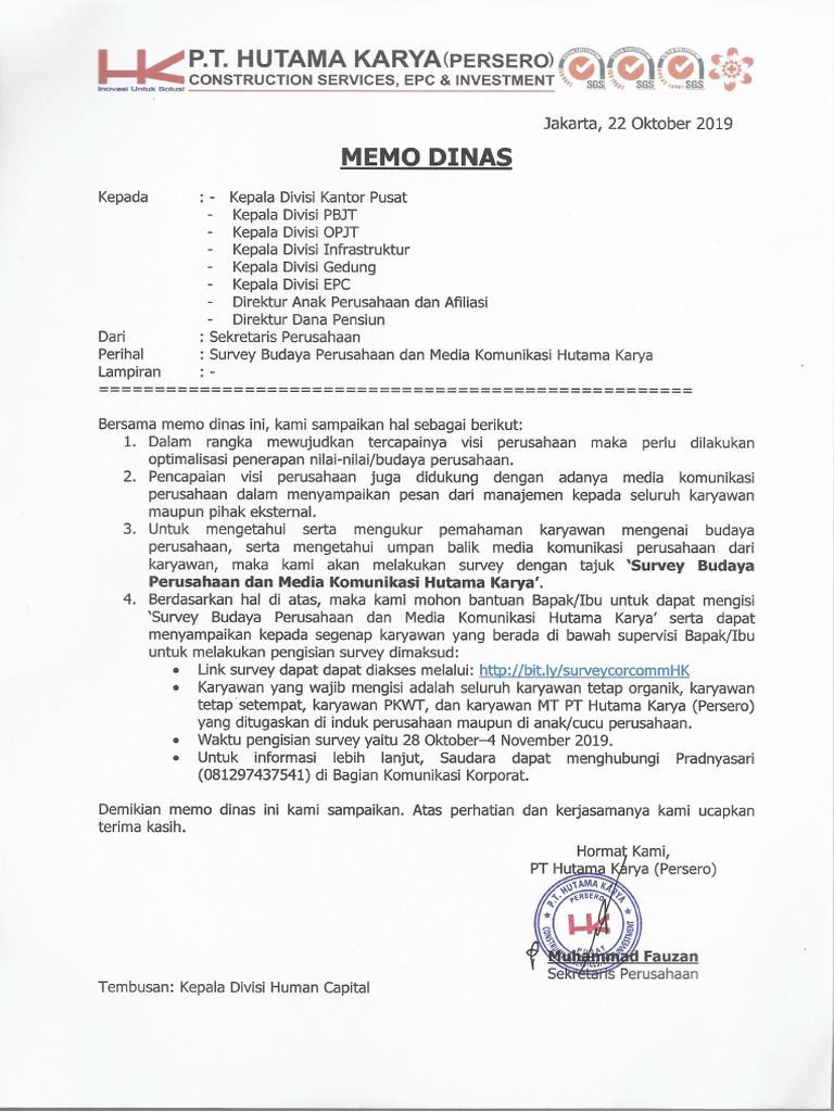 Memo Dinas (Survei Budaya Perusahaan & Media Komunikasi HK) | PDF