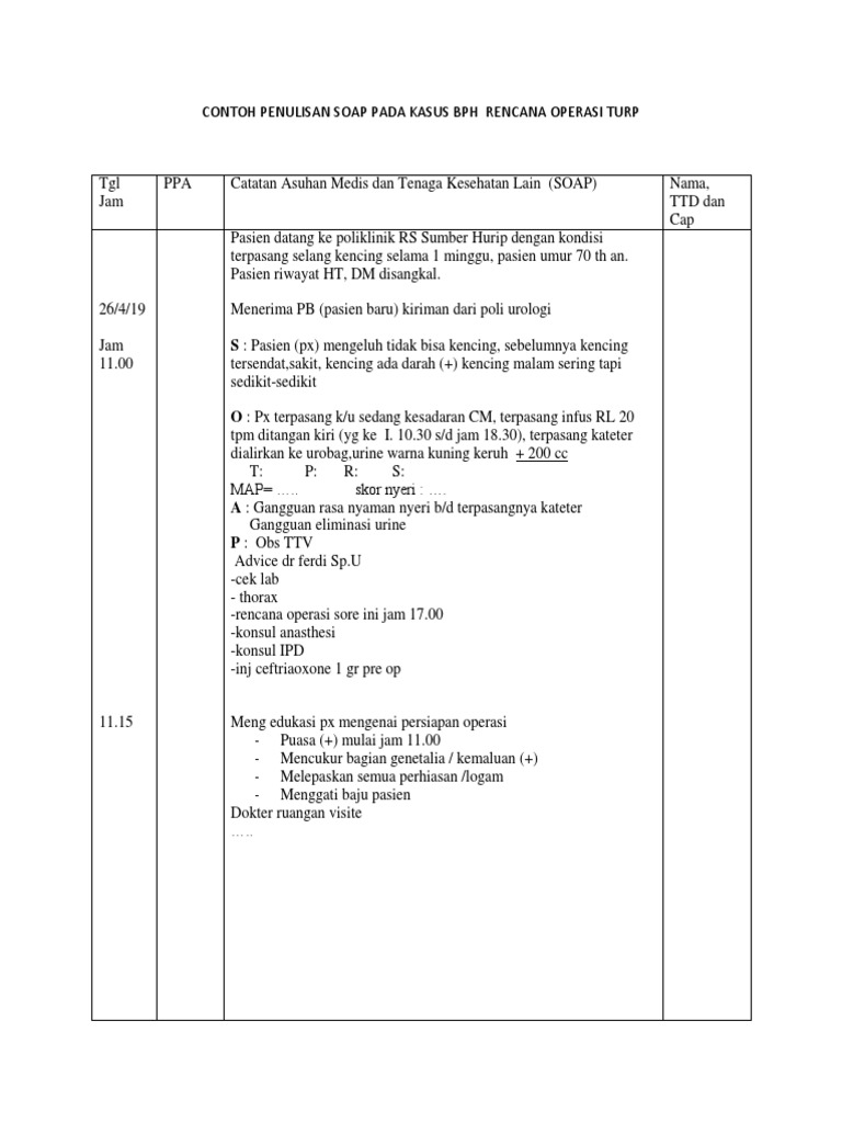 Contoh Penulisan Soap Pada Kasus BPH Rencana Operasi Turp | PDF