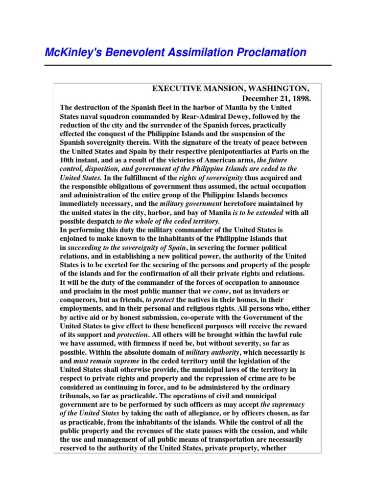 Mckinley'S Benevolent Assimilation Proclamation: Executive Mansion ...