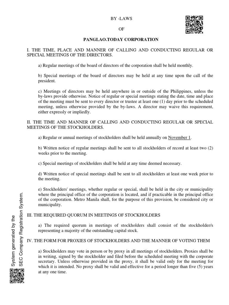 By-Laws Establishing Governance Structure and Procedures for Panglao ...