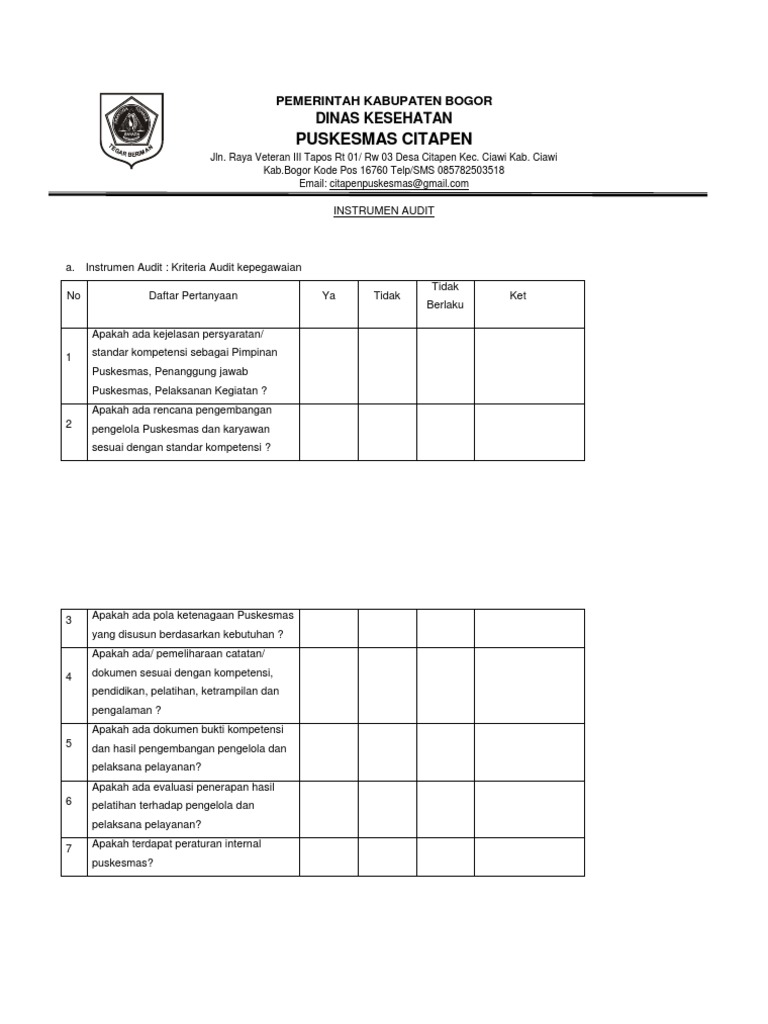 Instrumen Audit Internal Puskesmas 2024 | PDF
