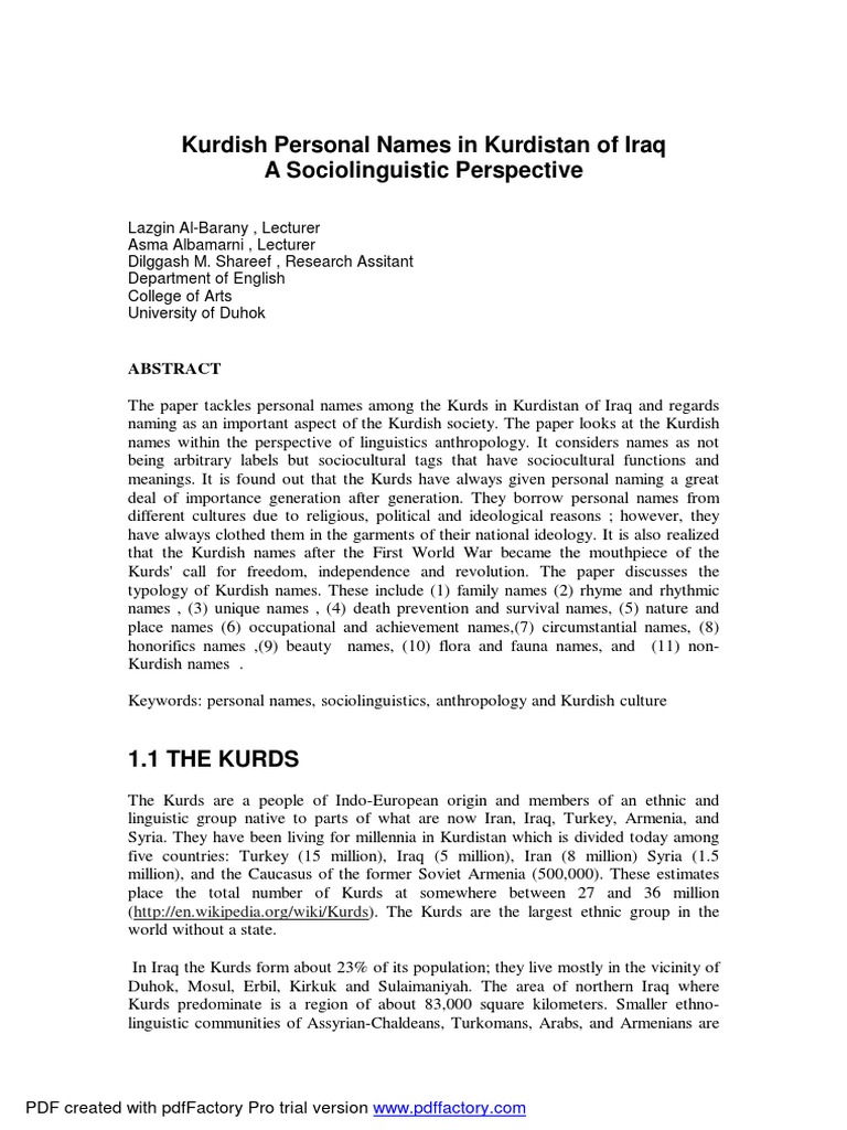 Kurdish Personal Names in Kurdistan of I PDF | PDF | Kurds | Anthropology