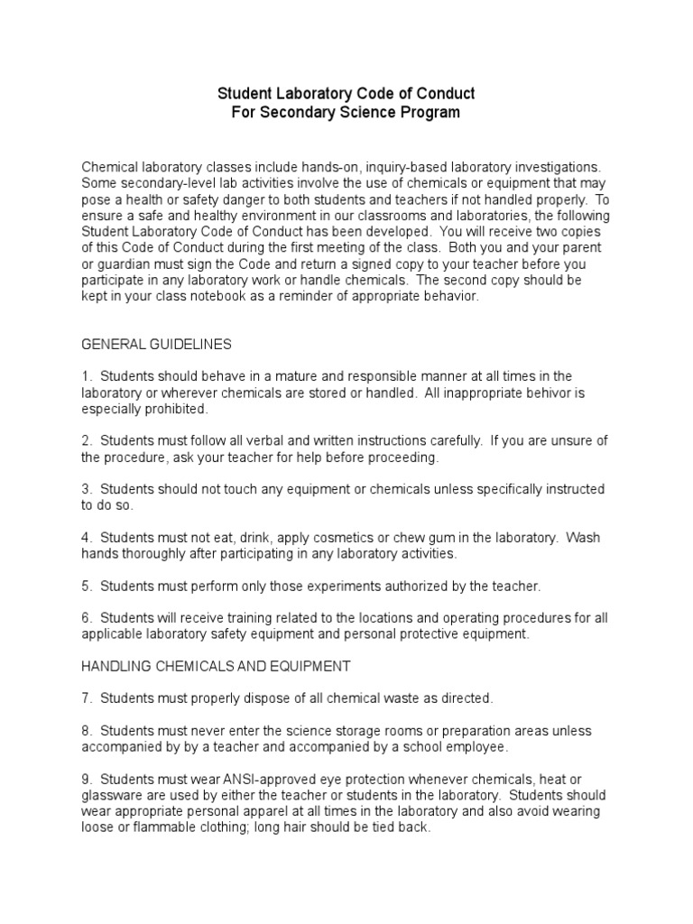Student Laboratory Code of Conduct For Secondary Science Program | PDF ...