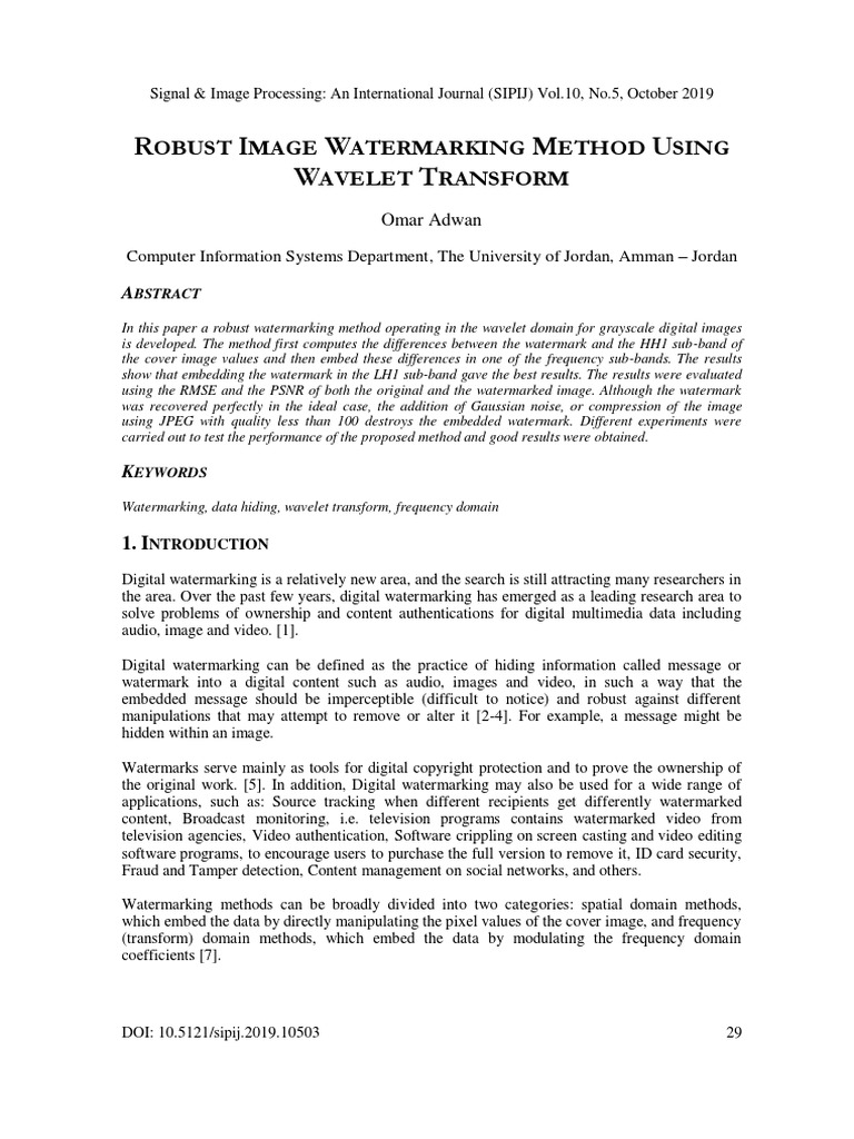 Robust Image Watermarking Method Using Wavelet Transform | PDF | Wavelet | Image Processing