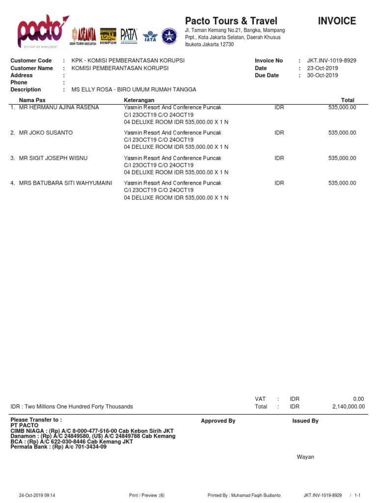 Pacto Tours & Travel Invoice: Yasmin Resort and Conference Puncak | PDF