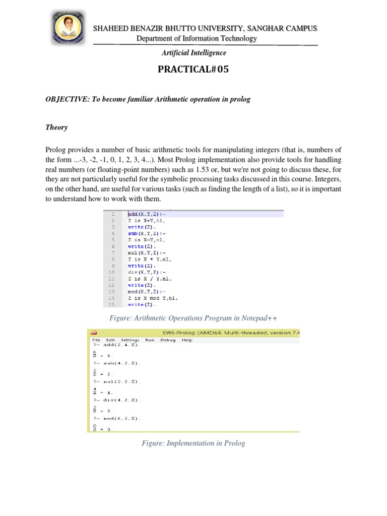 Practical#05: OBJECTIVE: To Become Familiar Arithmetic Operation in Prolog | PDF | Arithmetic ...