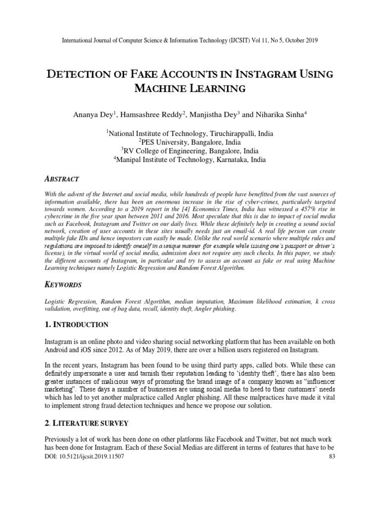 Detection of Fake Accounts in Instagram Using Machine Learning | PDF ...