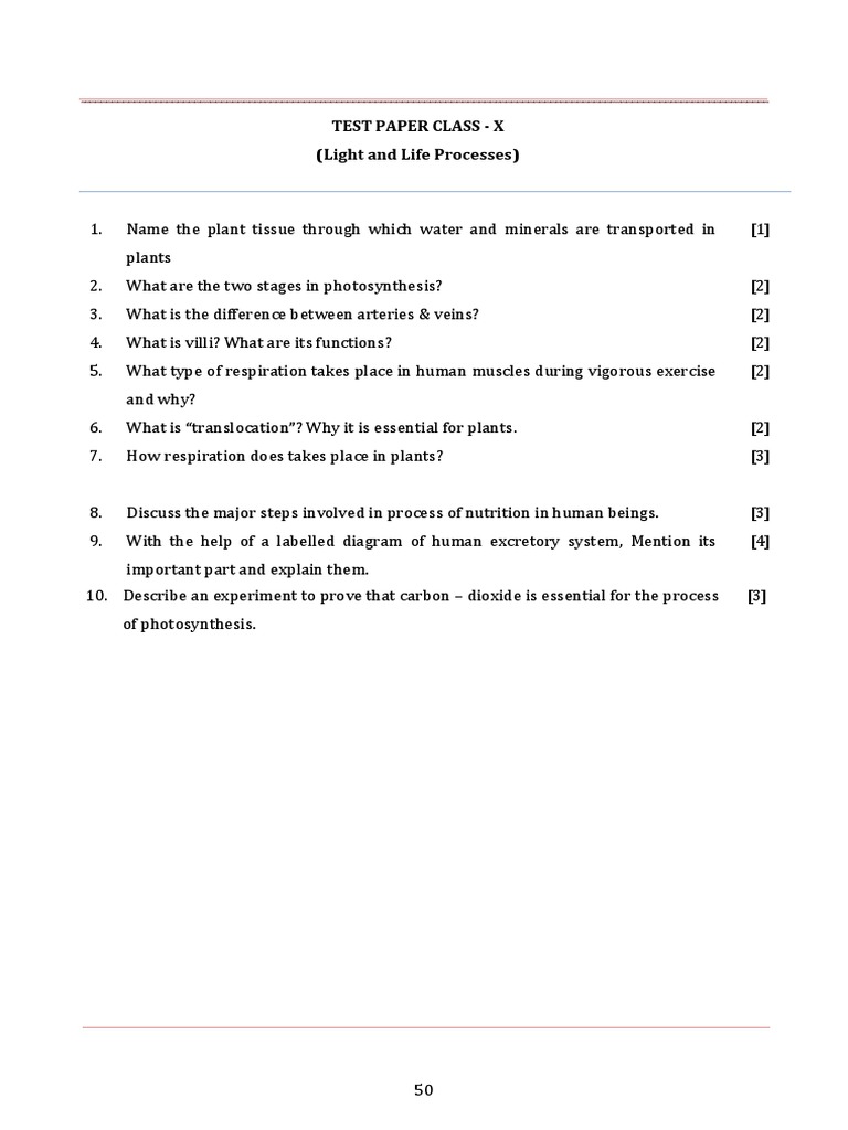 Test Paper Class 10 - Light and Life Processes | PDF | Lens (Optics ...