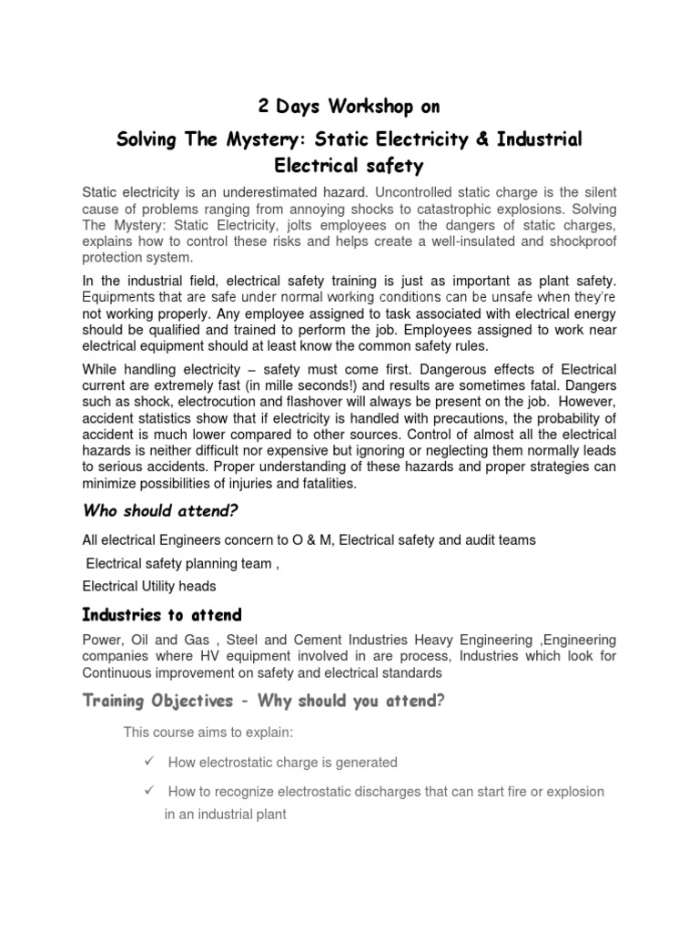 Static Electricity & Industrial Safety Workshop | PDF | Electricity ...