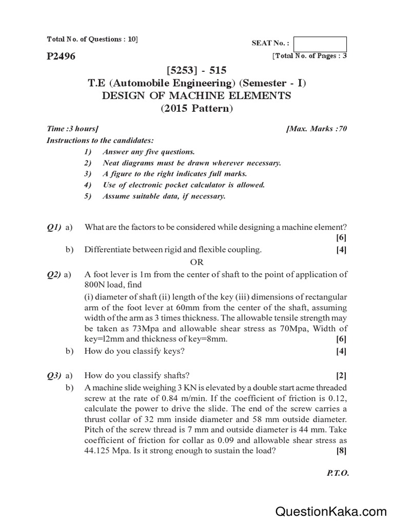 Machine Elements Design Questions | PDF | Gear | Strength Of Materials