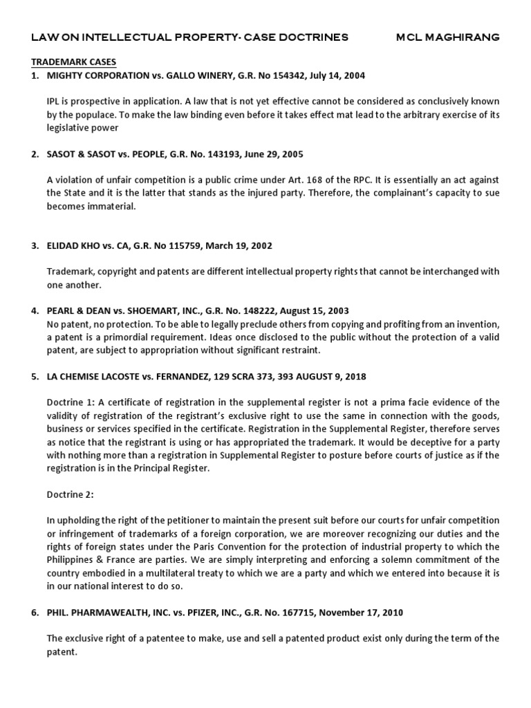 Law On Intellectual Property Case Doctrines Case L | PDF | Trademark ...
