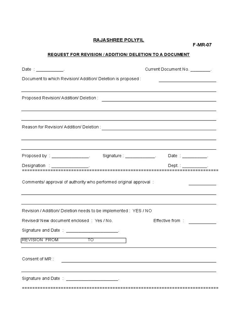 Request For Revision / Addition/ Deletion To A Document: Rajashree ...