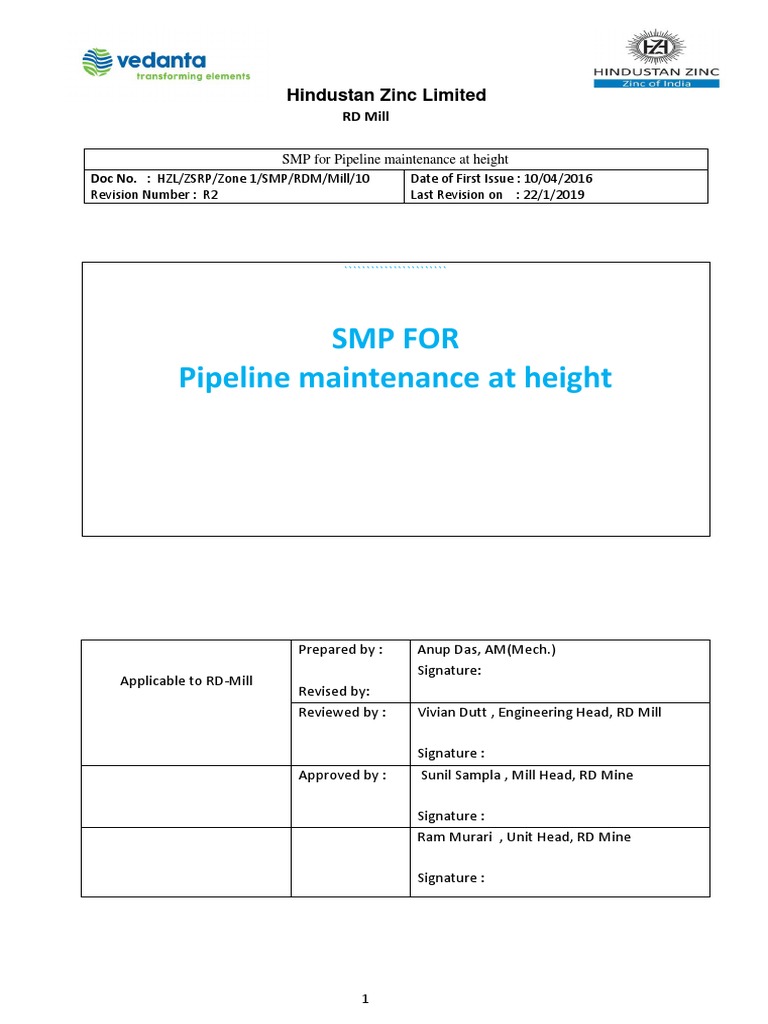 SMP For Pipeline Maintenance at Height: Hindustan Zinc Limited | PDF ...