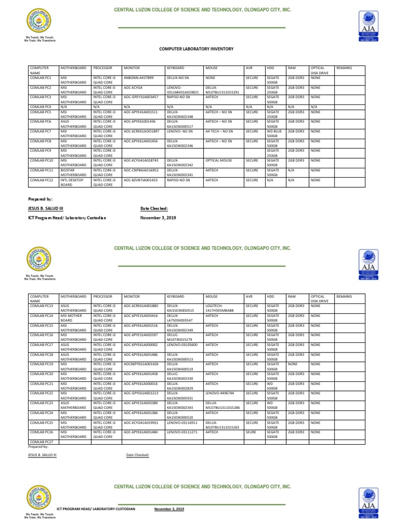 Computer Lab Inventory List 2019 | PDF | Intel | Microcomputers