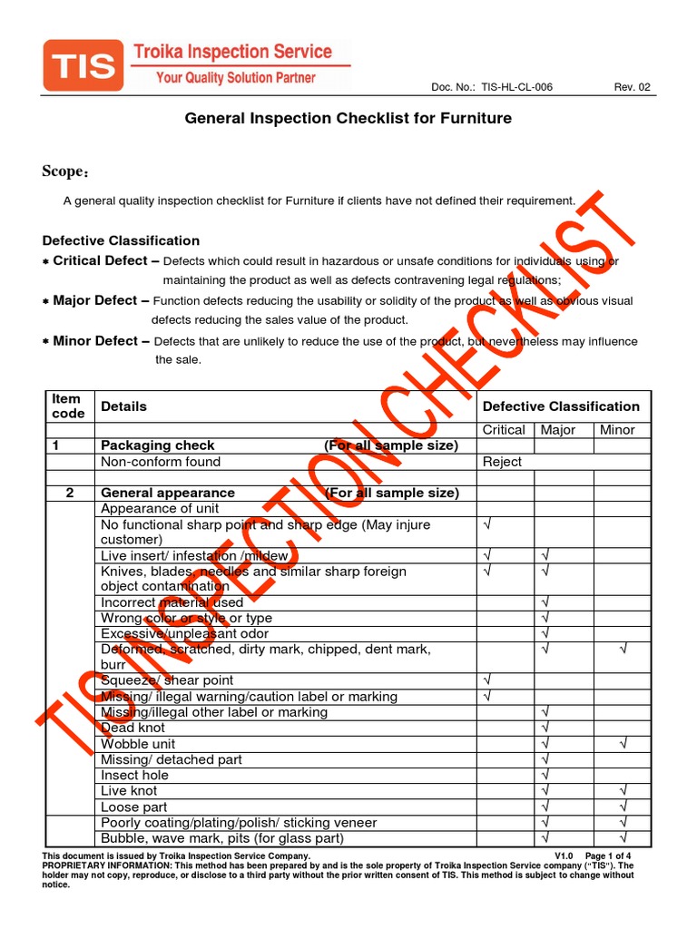 General Inspection Checklist For Furniture: Defective Classification ...