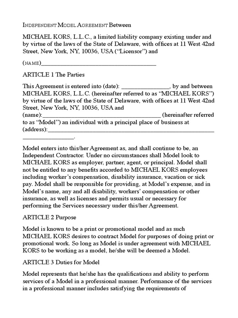 Model Contract - Michael Kors | PDF | Confidentiality | Workers' Compensation