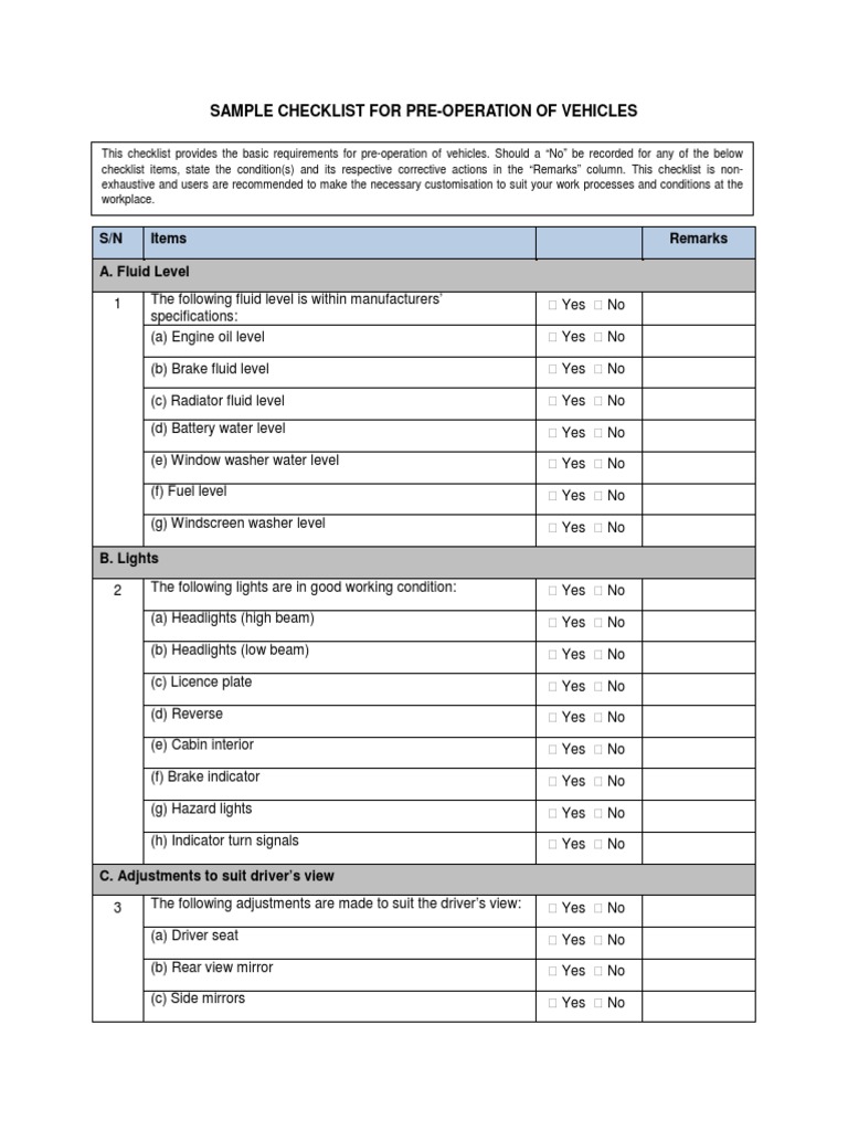 8 Vehicle Pre-Operational Checklist PDF | PDF | Headlamp ...