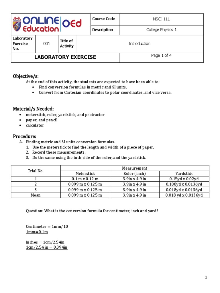 Physics Lab: Unit Conversion & Coordinates | PDF | Space | Scientific ...